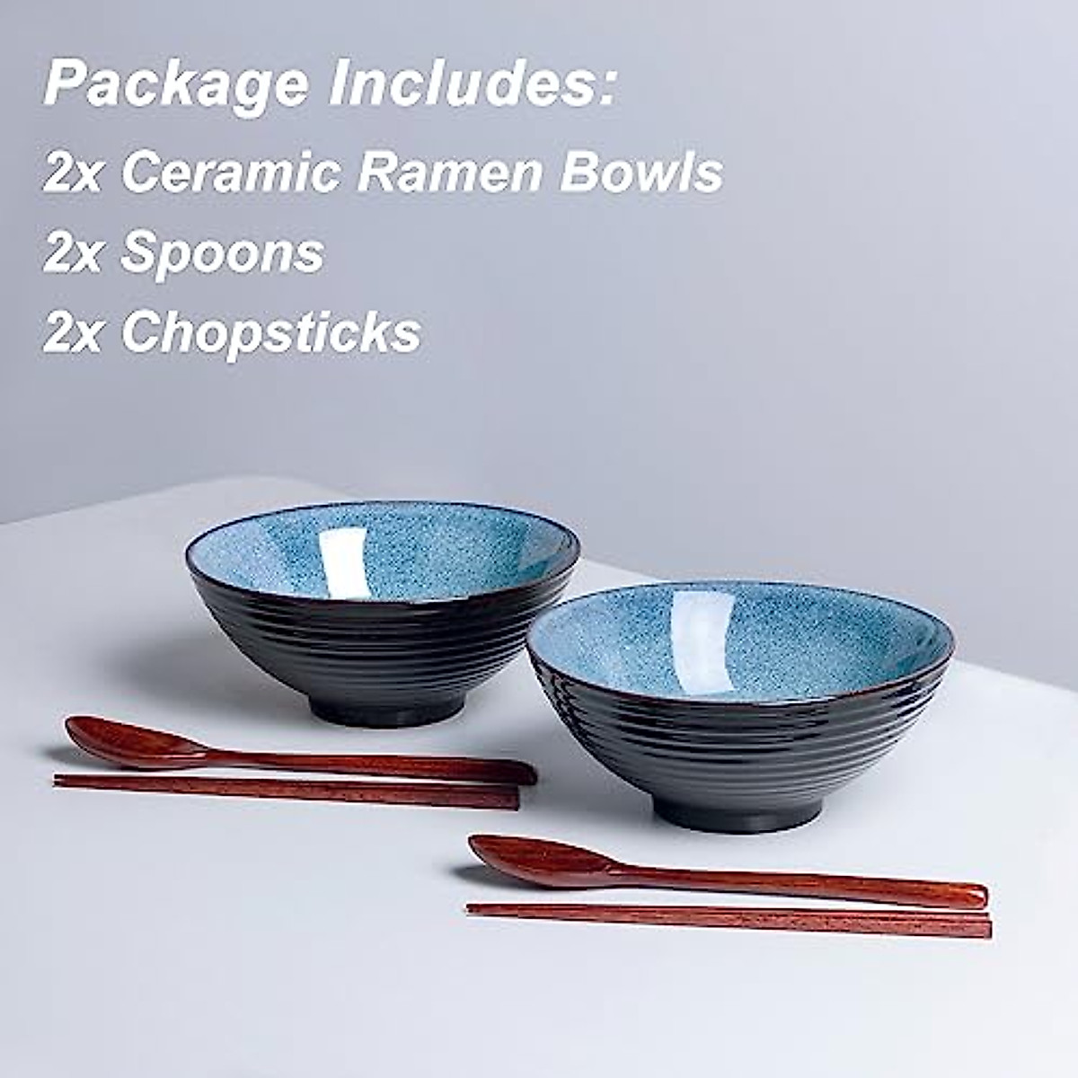 Auanlay 8 Inch Ceramic Ramen Bowl Set of 2, Porcelain 40 oz Japanese Udon Soba Pho Asian Soup Noodle Bowls with Chopsticks and Spoons