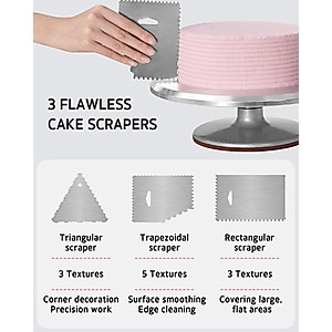 Syntus Aluminum Alloy Cake Stand, 12 Inch Cake Turntable for Decorating with Angled Silicone Icing Spatula, Cake Comb Smoother, Pie Server Cutter, Disposable Piping Bags, 27 Pieces Baking Supplies