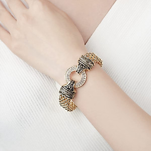 UNY Popcorn Chain Center Circle Pave Stone Unique Bracelet Magnetic Claps Designer Inspired Jewelry (Gold)