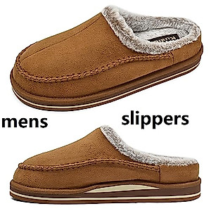 KuaiLu Mens Memory Foam Clog Slippers Comfy Handmade Stitch Microsuede Slip-on House Shoes With Arch Support Warm Faux Fur Lined Rubber Sole Indoor Outdoor Khaki Size 8.5