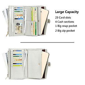 YALUXE Leather Wallets for Women Double Zipper Pockets Phone Holder 22 Card Slots Organizer Billfold with ID Window