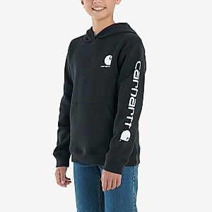 Carhartt Boys' Long Sleeve Hooded Sweatshirt, Caviar Black, Large (14/16)