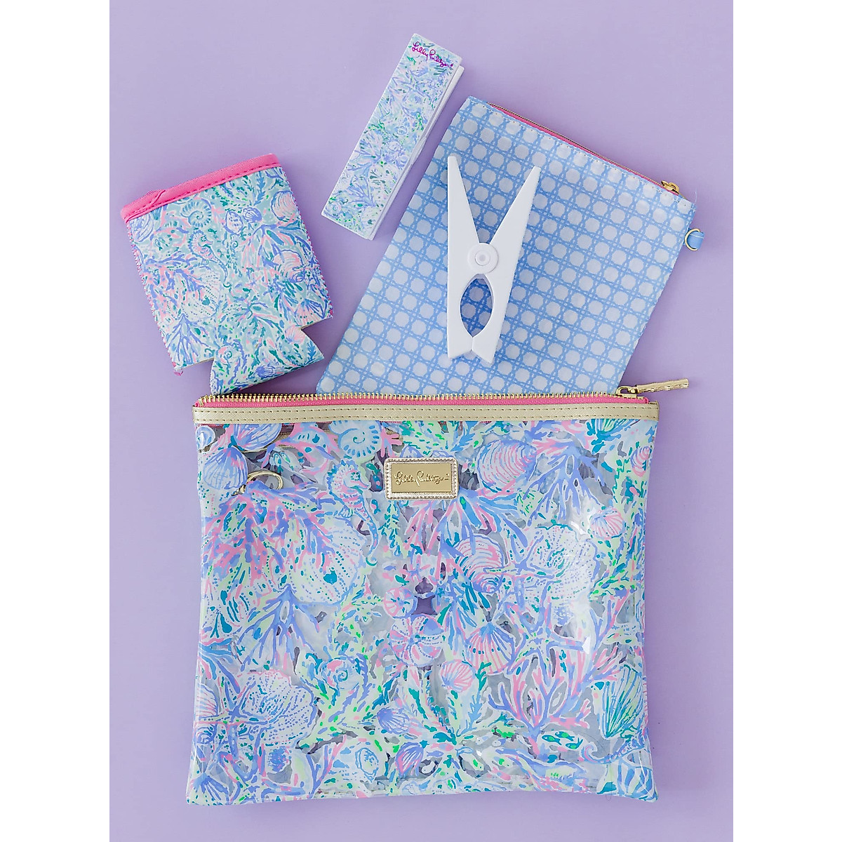 Lilly Pulitzer Water Resistant Vinyl Beach Day Pouch, Zipper Bag Includes Drink Hugger, Small Pouch, and Towel Clips, Soleil It On Me