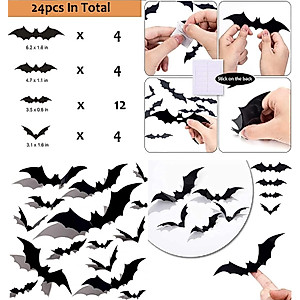 2pack Glittery Halloween Ghost Banner with 24pcs 3D Scary Bat Stickers for Halloween Decoration Haunted Houses Doorways Indoor Outdoor Mantel Wall Decor