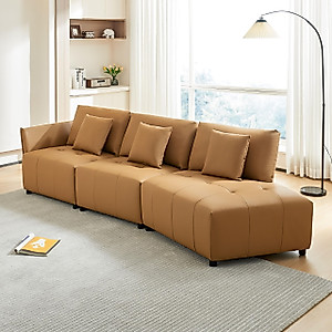 Modern Living Room Curved Sofa, Real Leather Modular Sectional Sofa, Chaise Lounge Couch, 3-Seater Corner Couch, 120'' Sofa Couch with 3 Pillows, Apartment, Home Furniture, Office, Brown Couch