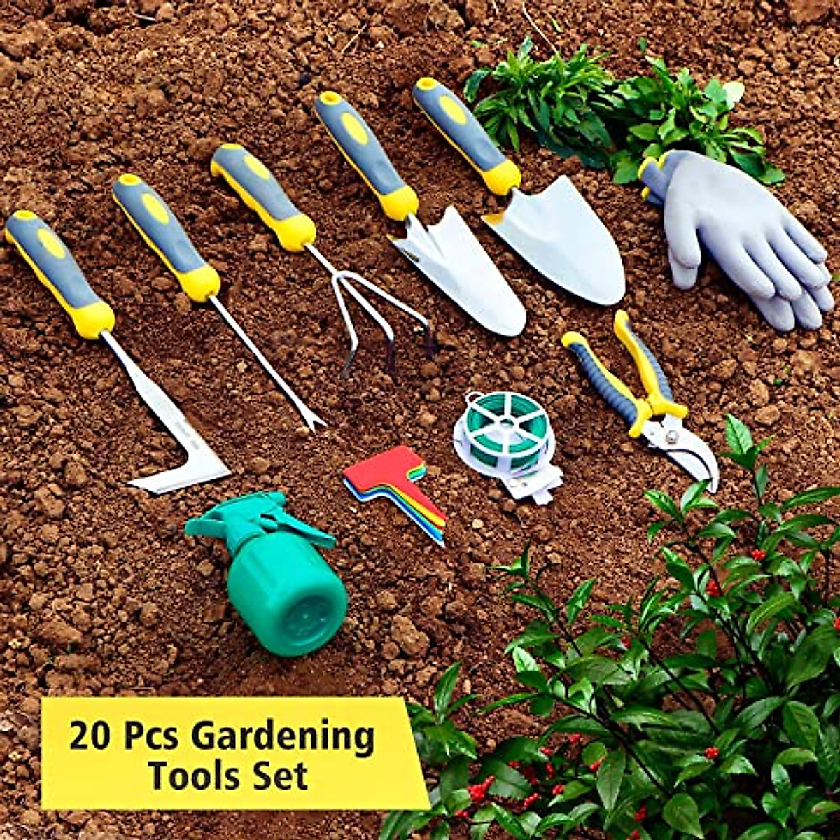 Premium Garden Tools Set，20Pcs Stainless Steel Gardening Tools Set with Storage Bag，Heavy Duty Outdoor Gardening Hand Tools Kit with Tote，Ideal Gardening Gifts for Men&Women