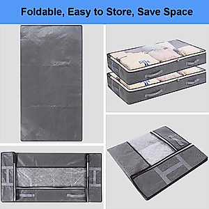 ASANMEYO Under Bed Storage Containers, 4-Pack Large Capacity Underbed Storage Bags Organizer, Thick Fabric Storage Bins with Clear Window and Handles for Blanket, Comforter, Bedding, Clothes, Gray