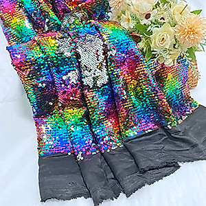 Reversible Sequin Fabric by The Yard Rainbow to Silver Flip Up Sequins Rainbow Two Tone Changing Color Fabric Glitter Fabric for Sewing Rainbow Mermaid Fabric