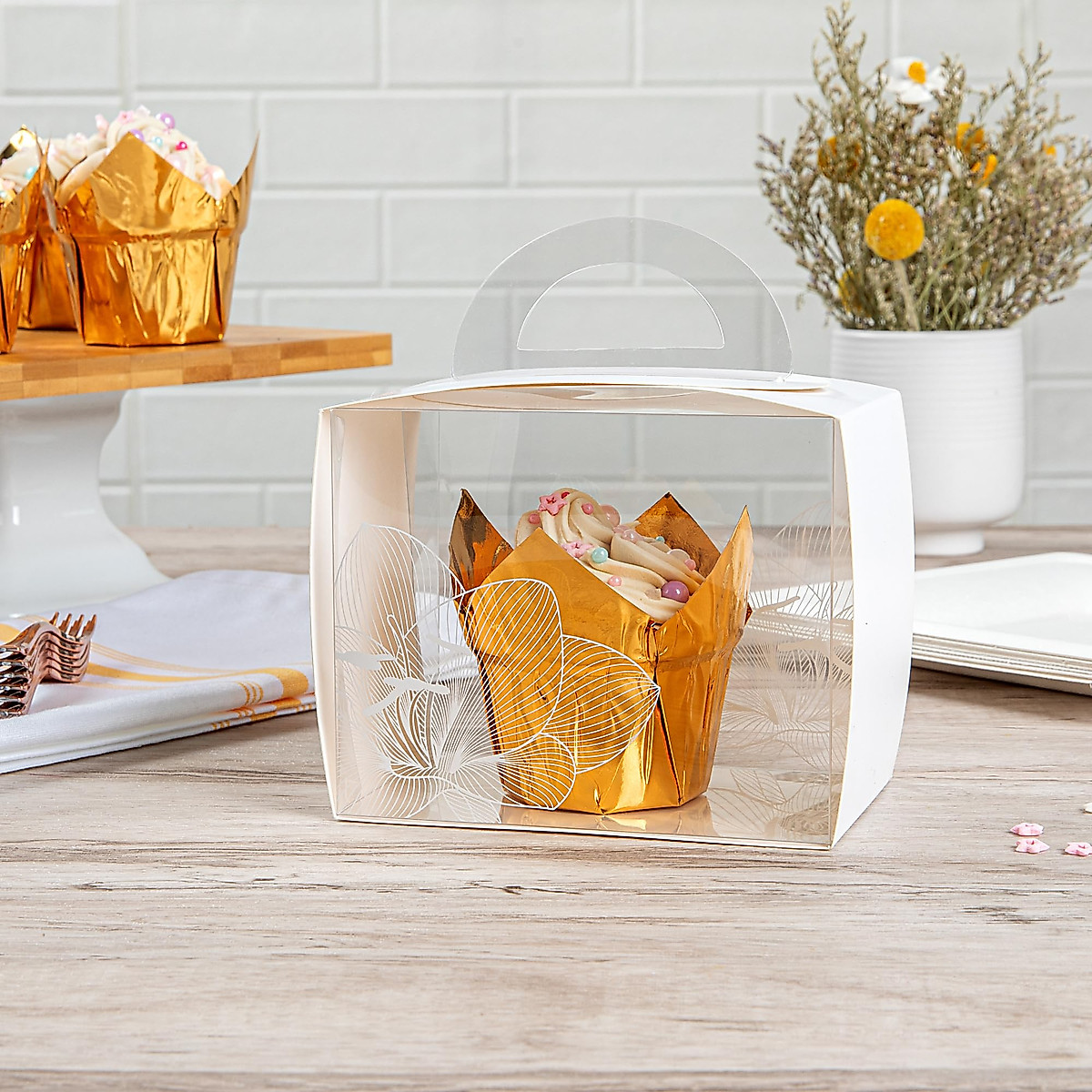 Restaurantware-5 Inch x 3.25 Inch Individual Cupcake Boxes, 100 Disposable Cupcake Display Boxes - With Handle, Lotus Accent, Clear Plastic Single Cupcake Containers, For Weddings Or Birthdays