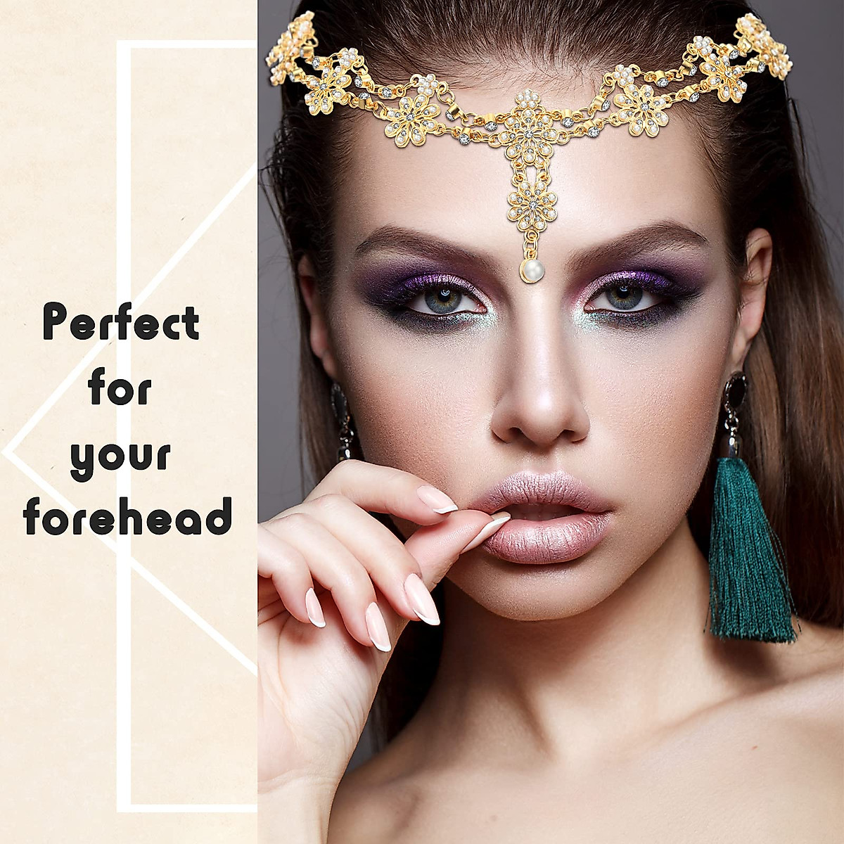 Head Chain Jewelry Headpiece Rhinestone Head Jewelry Wedding Headband Chain Headpiece Bohemian Style Rhinestone Headband Diamond Head Chain Hair Accessories for Women Girls Hair Decoration (Gold)