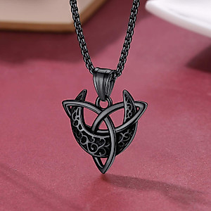 FaithHeart Celtic Triquetra Moon Necklaces, Feminism Goddess Trinity Knot Pendant Necklace Triple Moon Pendant Charms Black Stainless Steel Witch Jewelry Durability Neck Chain