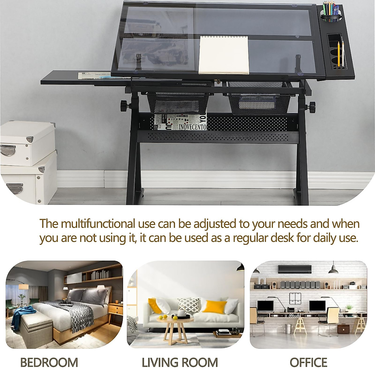 KNAMOTL Drawing Printing Table with Drawer Chair, Adjustable Tempered Glass Drawing Table for Office School, Artist, Architect, Black