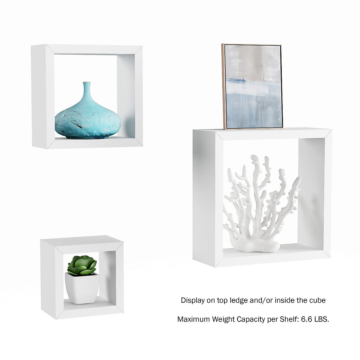 Floating Shelves- Open Cube Wall Shelf Set with Hidden Brackets, 3 Sizes to Display Décor, Photos, More- Hardware Included by Lavish Home (White)