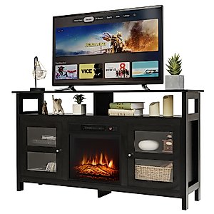 Tangkula Fireplace TV Stand for TVs up to 65 Inches, with 18 Inches 1400W 5,000 BTU Electric Fireplace with Built-in Thermostat, 6H Timer, Adjustable Flame & Heat, Remote Control (Black)