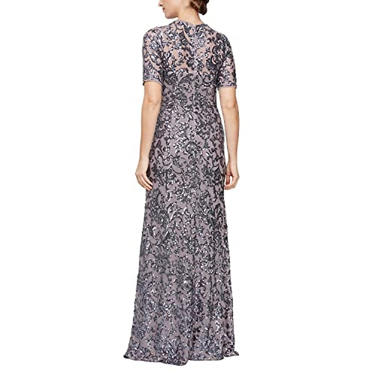 Alex Evenings Women's Long A-Line Sequin Lace Dress Short Sleeves (Regular Petite), ICY Orchid, 16