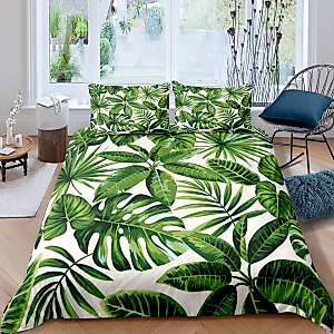 Erosebridal Palm Leaves Bedding Set Monstera Duvet Cover Hawaii Tropical Leaves Comforter Cover Tropical Bedspread Cover for Kids Boys Girls Room Dorm Decor 3Pcs Bedding Full Size