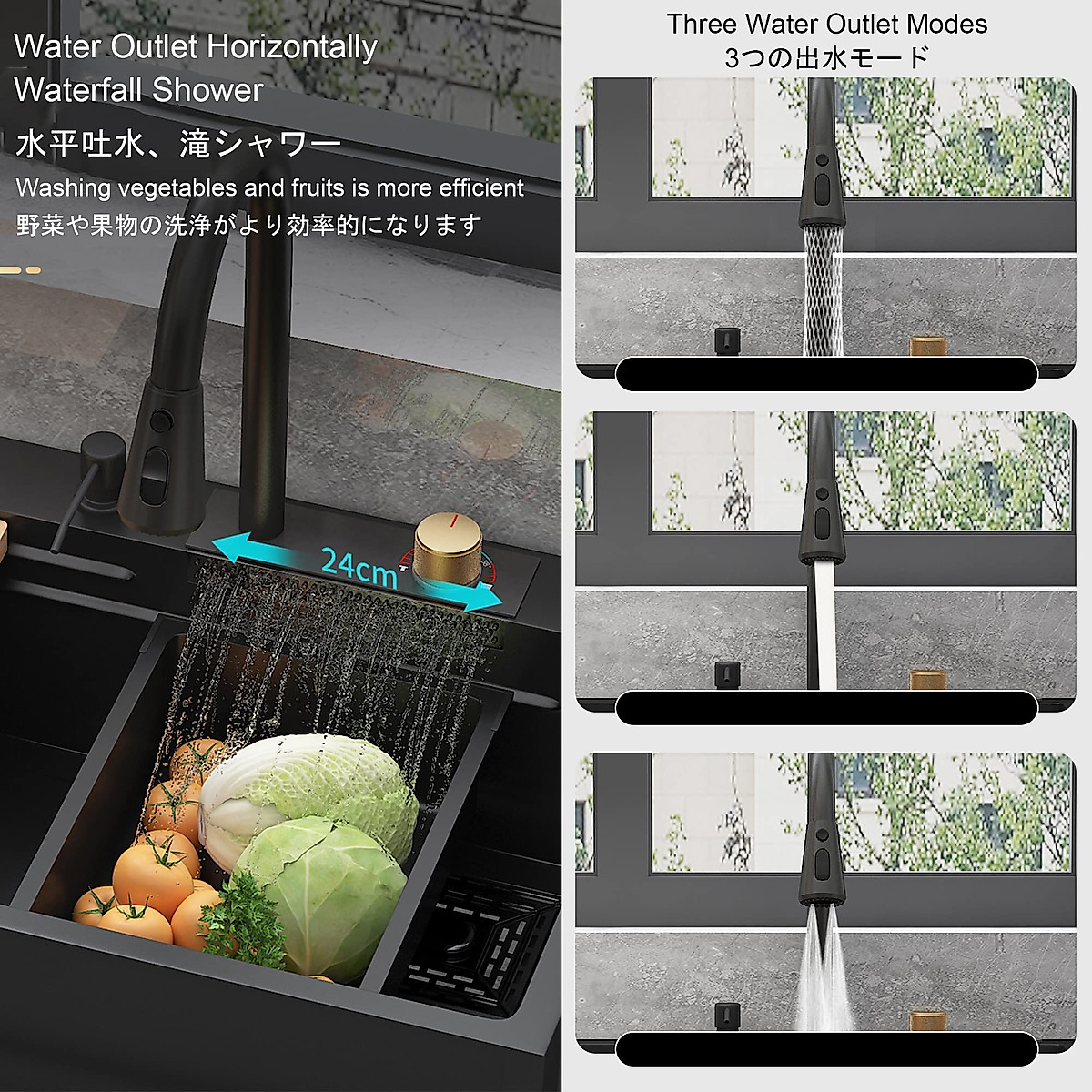 Black Utility Waterfall Sink Outdoor Stainless Steel Kitchen Sink Garage Sink Laundry Sink with Cabinet Camping Sink Single Bowl Kitchen Sinks with Raindance Waterfall Faucet and Accessories ( Color :