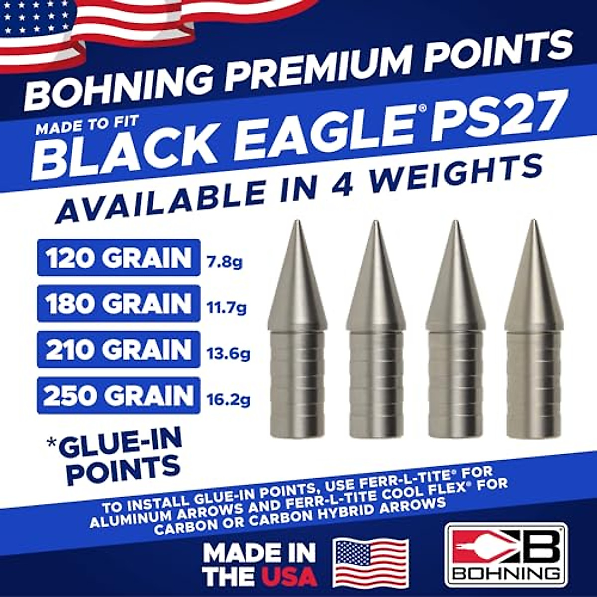 Bohning Match Grade Glue-in Points for Black Eagle® PS27, 250 Grain, 12pk