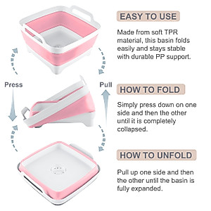 2.4 Gal(9L) Collapsible Dish Basin with Drain Plug, Space Saving Outdoor Multiuse Foldable Sink Tub, Dishpan, Kitchen Storage Tray for Camping, Vegetable Washing, RV (Pink)