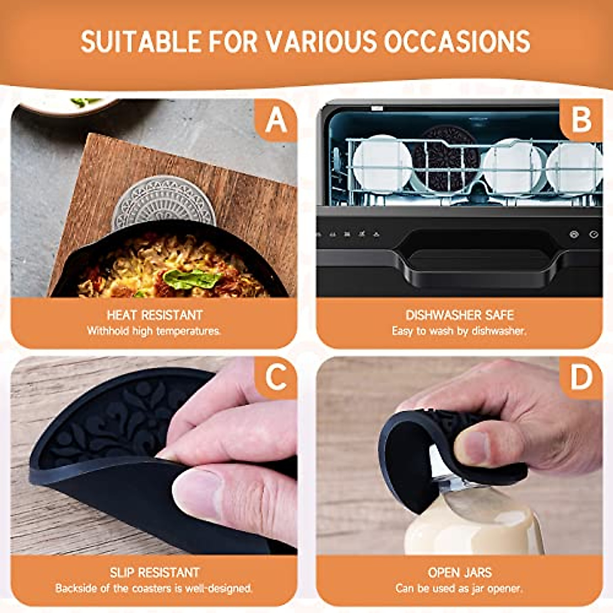 8 Pcs Boho Coasters for Drinks, Silicone Coasters with Holder, Boho Style Grooved Pattern, Tabletop Protection Coasters for Outdoor, Indoor, Coffee Table, Kitchen, Office, Bar, Heat Resistant