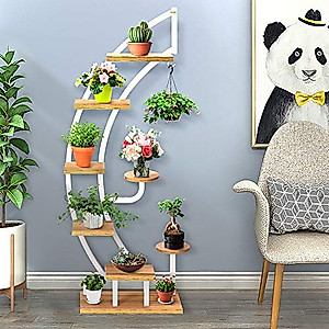 VIVOHOME 6 Tier 9 Potted Steel-wood Plant Stand with Hanger, Curved Flower Pot Holder Shelf for Indoor