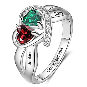 Personalized Promise Rings for Her Love Heart Women Engagement Custom Names Mothers Ring with 2 Simulated Birthstones Jewelry for Women (7)
