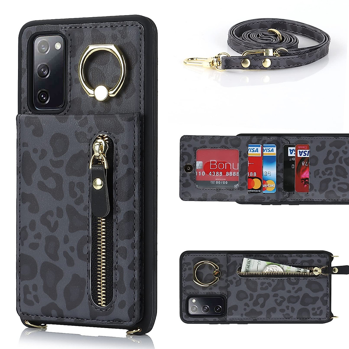 Jaorty for Samsung Galaxy S20 FE 5G Phone Case for Women with Card Holder,Galaxy S20 FE Case Wallet Crossbody Lanyard with Strap,Credit Card Slots Kickstand Case with Ring Holder,6.5",Black Leopard