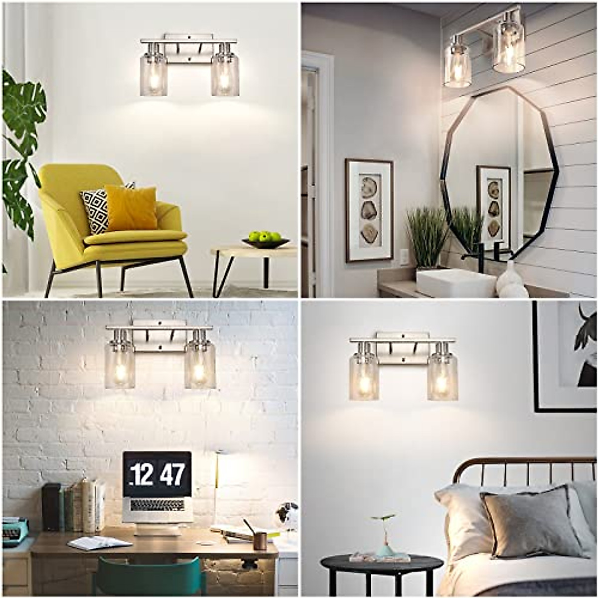 ShineTech 2-Light Bathroom Vanity Light Fixtures, Modern Vanity Lights with Clear Glass Shade, Brushed Nickel Bathroom Wall Light, Wall Sconce Wall Lamp for Mirror Kitchen Living Room Bedroom Hallway