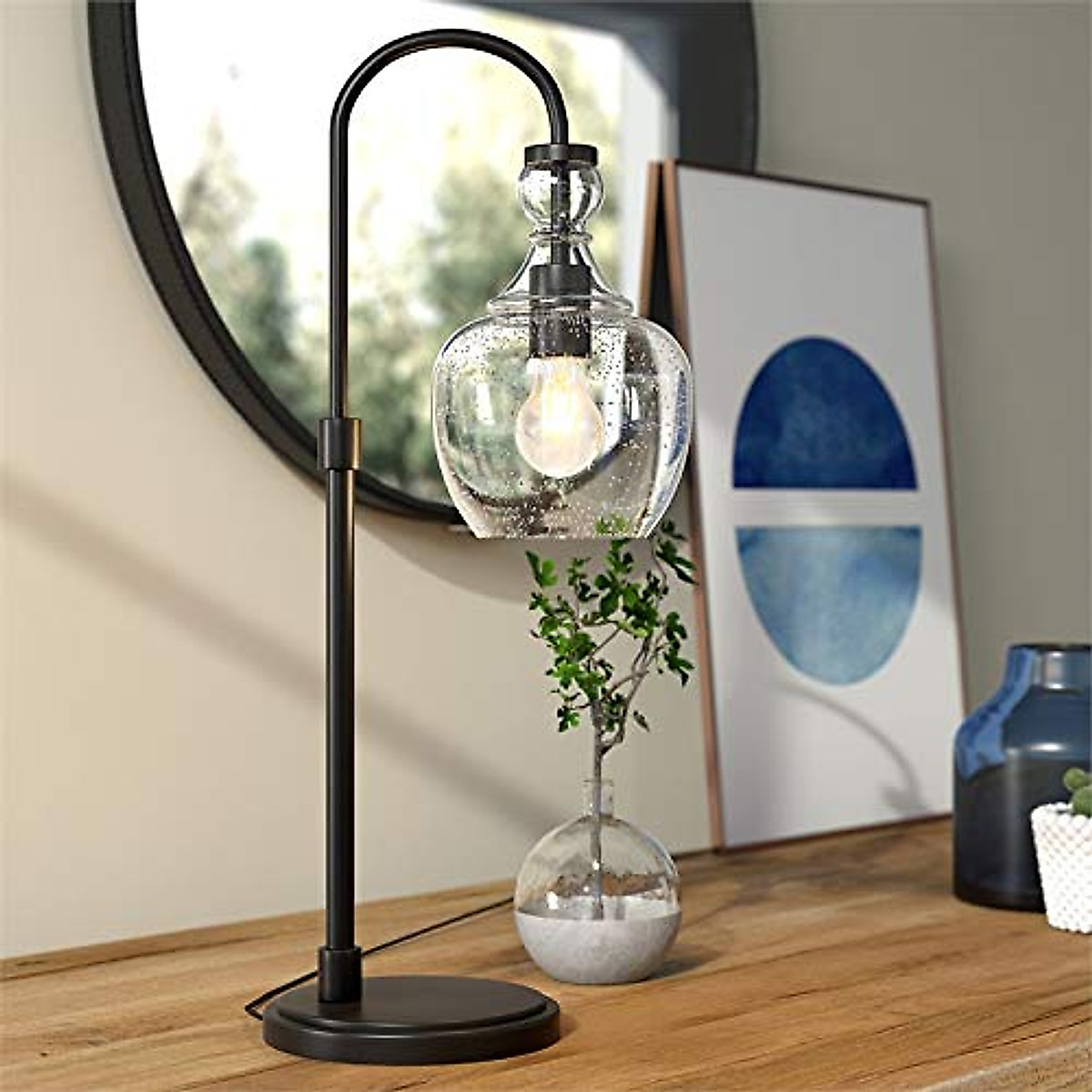 Henn&Hart 27" Tall Arc Table Lamp with Glass Shade in Blackened Bronze/Seeded, Lamp, Desk Lamp for Home or Office