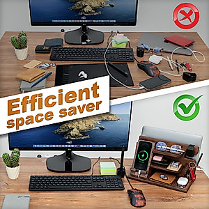 Wood Phone Docking Station Ash Key Holder Wallet Stand Watch Organizer Men Husband Wife Anniversary Dad Birthday Nightstand Purse Father Graduation Male Travel Idea Gadgets Brown