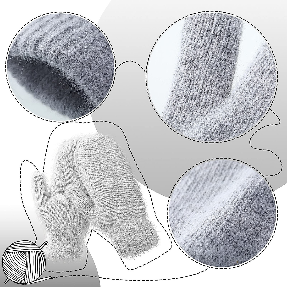 Hicarer 4 Pairs Women Mittens for Women Adult Winter Ladies Mittens Knitted Gloves Warm Fleece Mittens Double Wool Gloves, Black, Grey, Light Grey, Camel, about 3.9 x 9 inches