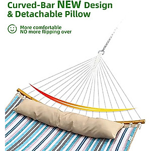 Double Hammock Swing Quilted Fabric, Ohuhu 2 Person 11 FT Portable Hammocks with Folding Bamboo Spreader Bar & Pillow, Large Hammock Bed for Indoor Outdoor, Tree Hammock for Yard Porch Garden Balcony