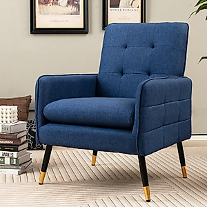 Giantex Modern Mid-Century Accent Chair - Upholstered Armchair with Tufted Back, Metal Legs, Adjustable Foot Pads, Linen Fabric Single Sofa Chair for Reading, Living Room Chair for Bedroom, Blue
