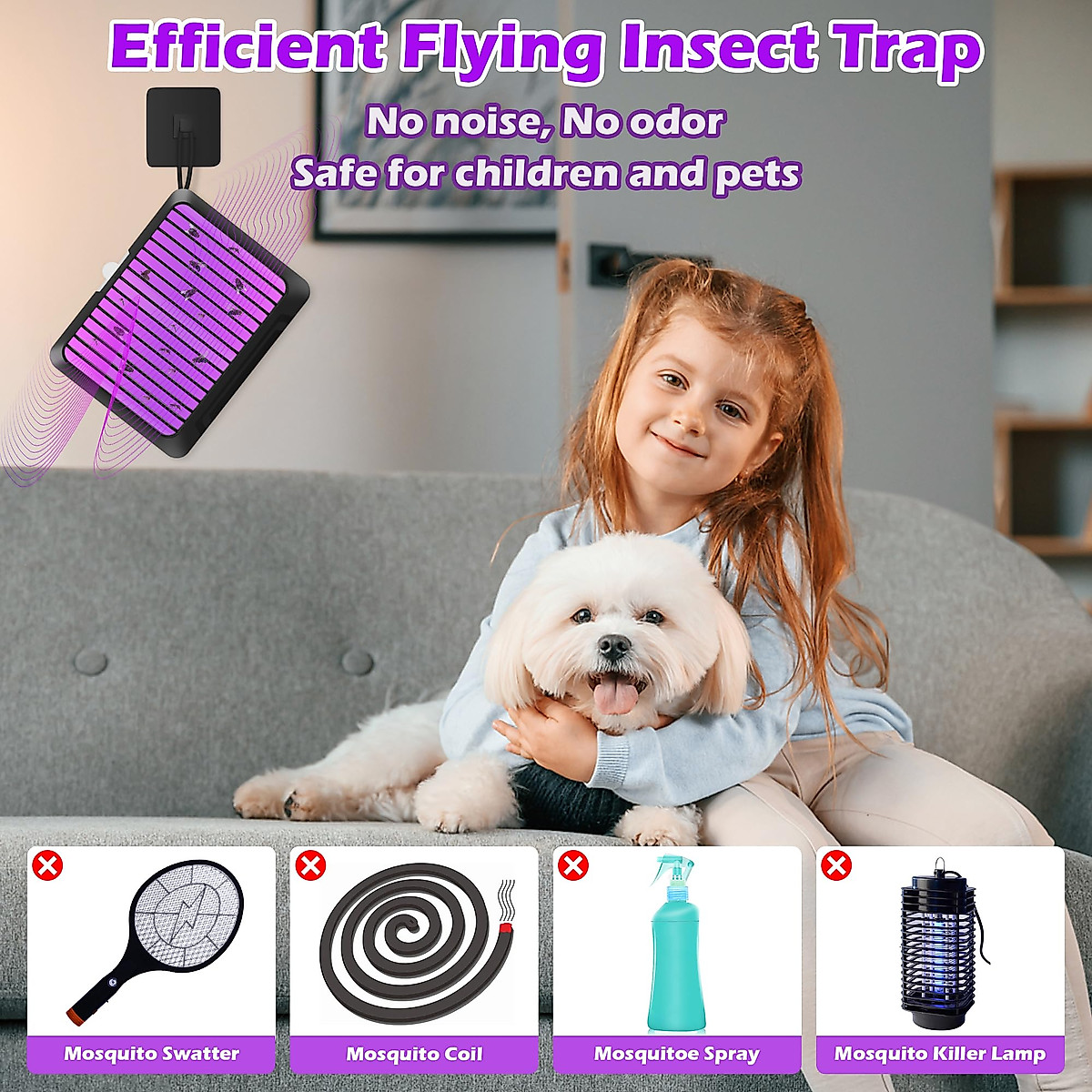 Effective LED Gnats Traps Indoor for Home, Mosquito Traps Indoor for Fruit Flies, Pests, Moths, Flying Insect Trap Indoor for Stop Mosquito Bites, Black [Fly Trap+6 Glue Card]