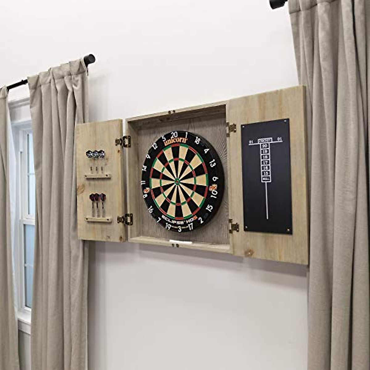 American Legend Barnwood Dartboard Cabinet with Wheat Finished Barn Style Doors - Dartboard Not Included