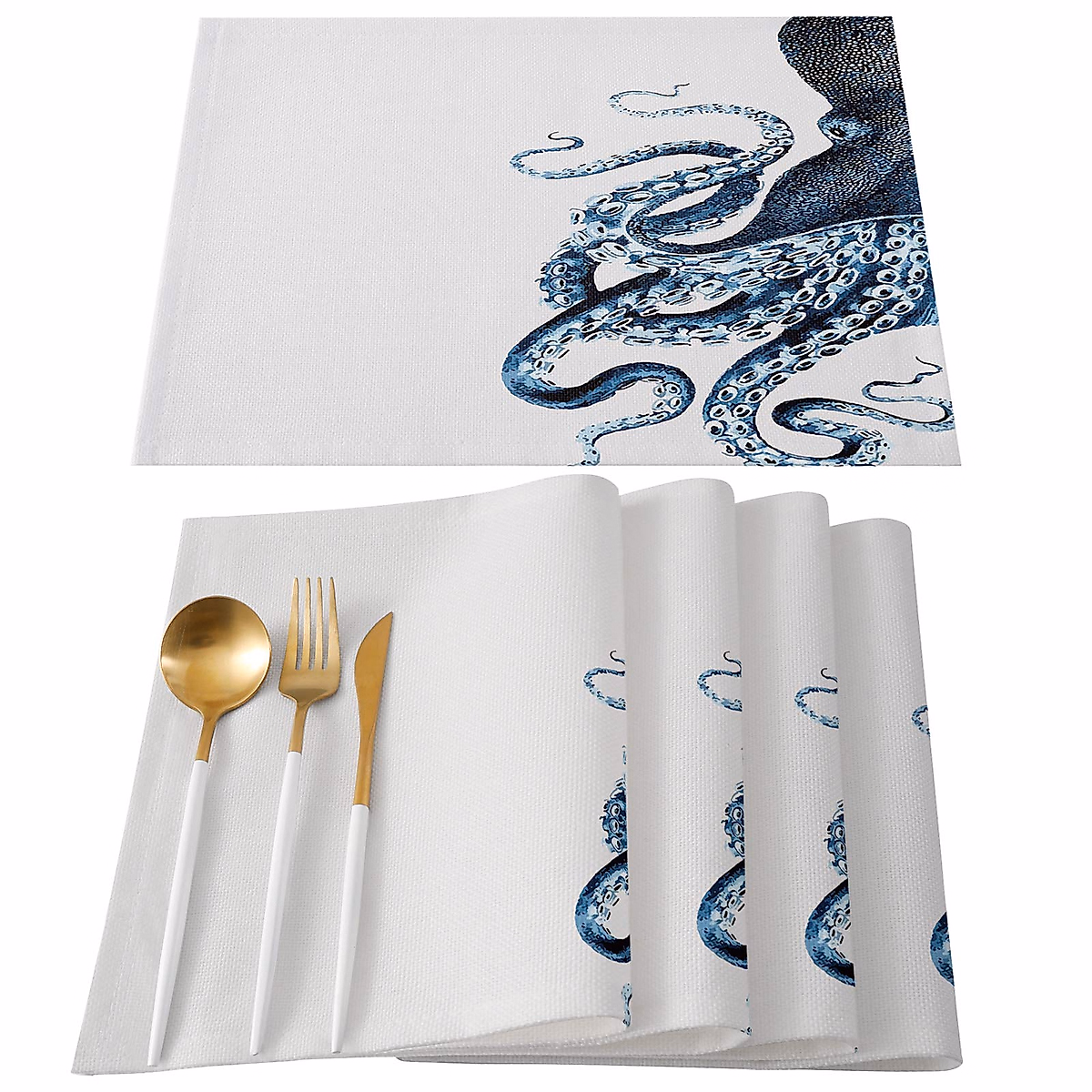 Octopus Placemats for Dining Table Set of 4, Nautical Sea Ocean Giant Octopus Tentacles Kraken Table Mats Stain Resistant Heat Insulation Non-Slip Washable Table Decoration for Kitchen, Blue