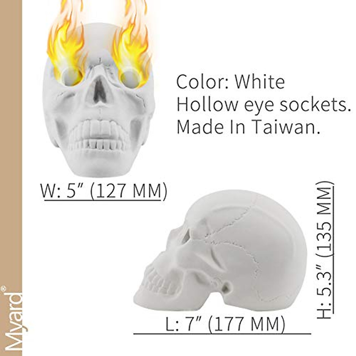 Myard Hollow Eye Sockets Human Skull Fire Gas Log for NG, LP Wood Fireplace, Firepit, Campfire, Home Decor, BBQ (Qty 1, Black)