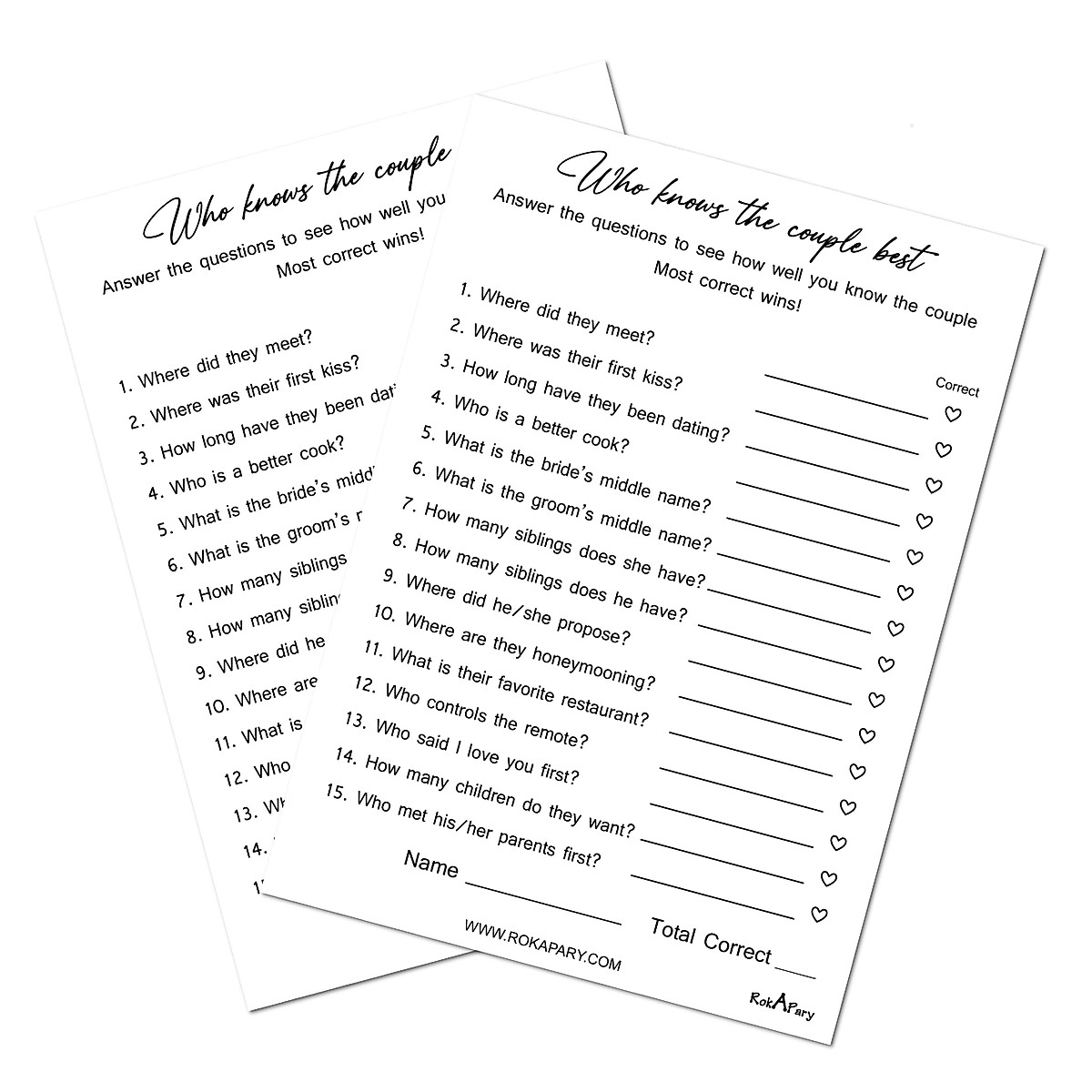 RokAPary Modern Minimalist Who Knows The Couple Best, Wedding, Bridal Shower, Bachelorette or Engagement Party Game, Couples Guessing Play Pack of 50 Cards 5”x7” Made in USA