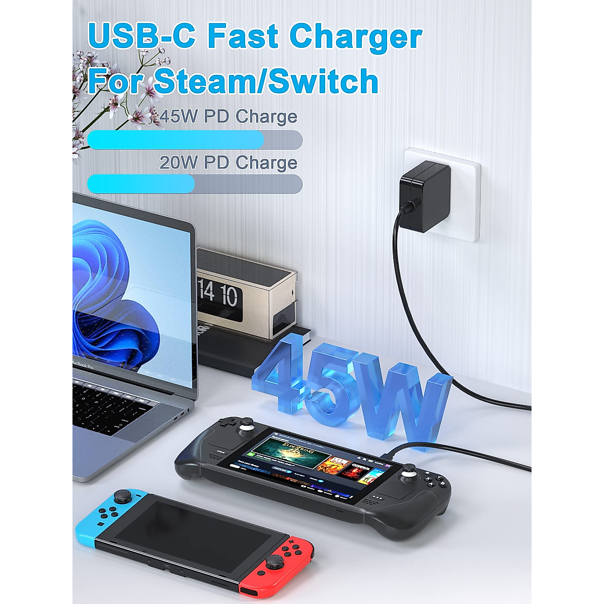 Feirsh 45W Charger for Steam Deck and Switch, AC Adapter Steam Charger Fast USB-C Steam Power Adapter for Nintendo Switch/Lite/OLED/Xbox Controller/Phone with 5.9FT USB Type C Cable