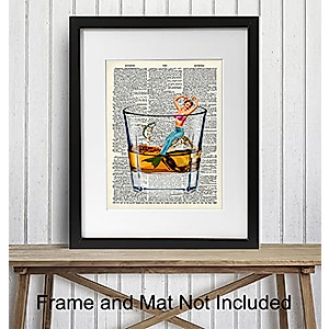 Bar Man Cave Mermaid Decor - Scotch Whiskey Wall Art - Fish Wall Decor for Men, Guys - Funny Alcohol Drinking Decor - 8x10 Dictionary Art Picture Poster - Home Office Decor
