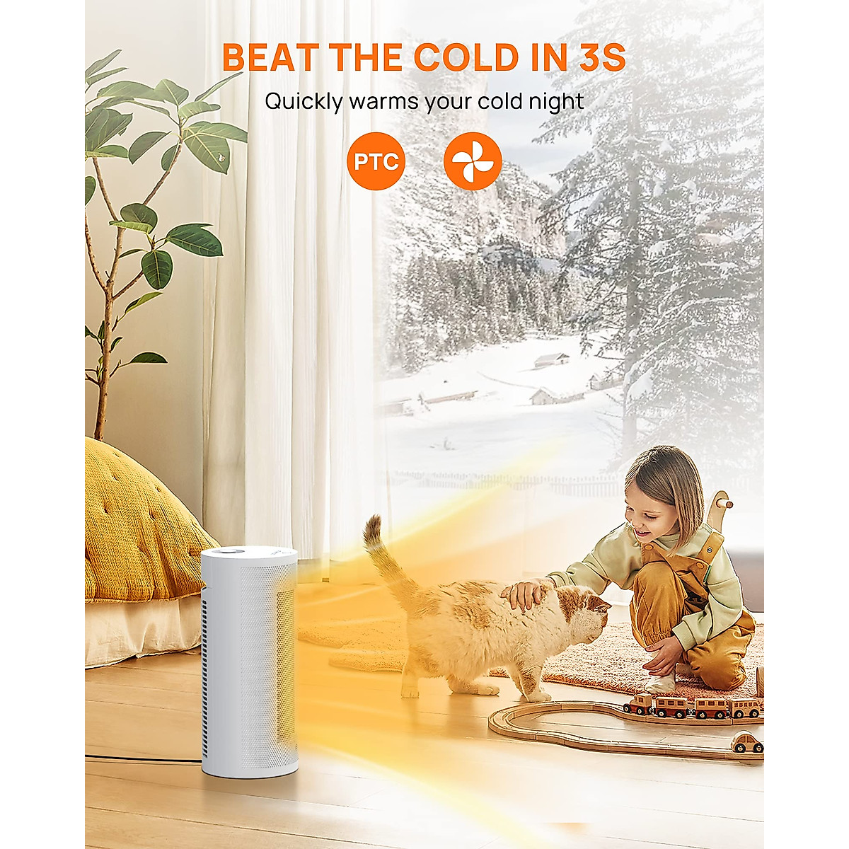 Upstreman Space Heater for Indoor Use, 1500W Fast PTC Ceramic Heating, 3s Instant Heating, 70° Oscillating,Tip-Over Protection,Small Heater for Office, Bedroom and Desk Use, White