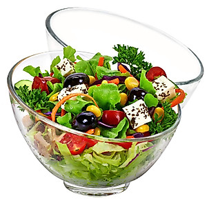 TOSSOW Glass Slant Cut Bowl Set of 2 Clear Glass Fruit Bowl 600ml/20oz Big Mixing Bowl All Purpose Round Serving Bowl Great for Serving Salad Popcorn Dips Condiments Snack Oatmeal and More