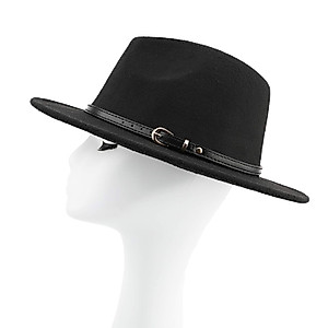 Melesh Wide Brim Unisex Classic Belt Buckle Fedora Hat (b Black)