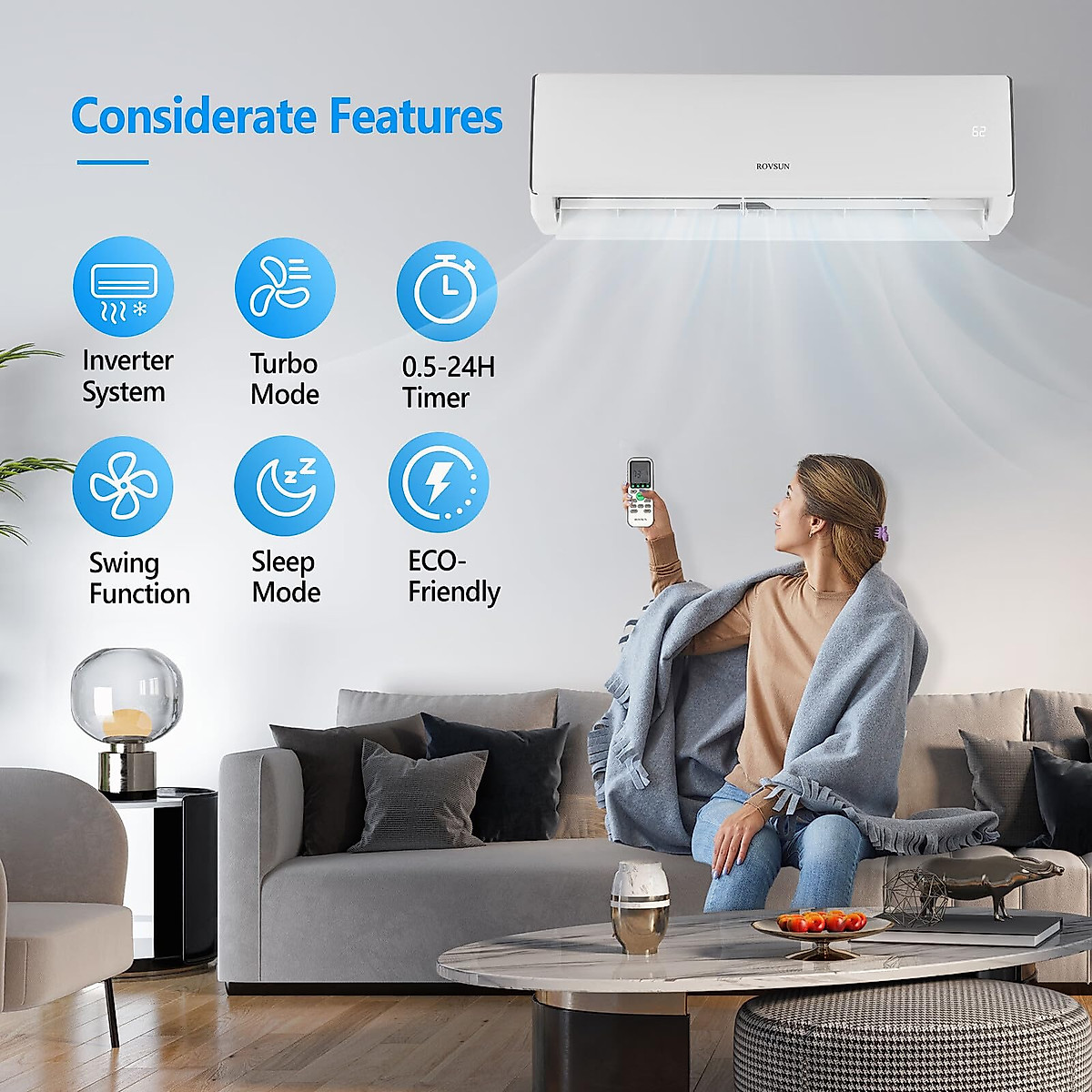 ROVSUN 11000 BTU Wifi Enabled Mini Split Air Conditioner & Heater, 17 SEER2 115V Inverter Ductless Wall AC Unit with Pre-Charged Condenser, Heat Pump & Installation Kit
