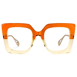 VOOGLAM Oversized Thick Square Blue Light Blocking Glasses for Women Orange Fashion Eyewear with Pearl Inlay Arm Anti Eyestrain UV Valarie