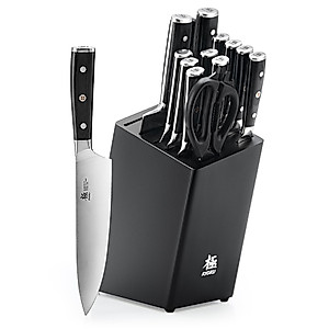 KYOKU Kitchen Knife Set with Block, German High Carbon Steel 15pc Knife Block Set, Samurai Series Knife Block with Knives for Kitchen, Professional Chef Knife Set with Sharpening Steel & Shears