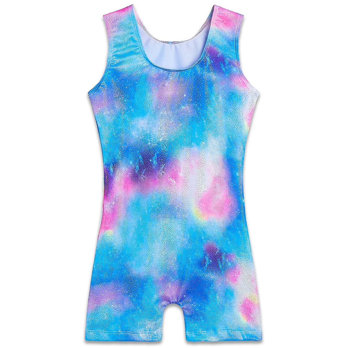 Girls Gymnastics Leotards with Shorts for 9-10 Year Old Big Kids Sparkly Blue Tie Dye Print Sleeveless Biketard Unitards