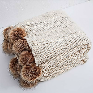 vctops Fur Pom Pom Knit Throw Blanket Super Soft Warm Cozy Cable Knitted Blanket for Sofa and Couch 51 x 63 Inch Beige Apricot