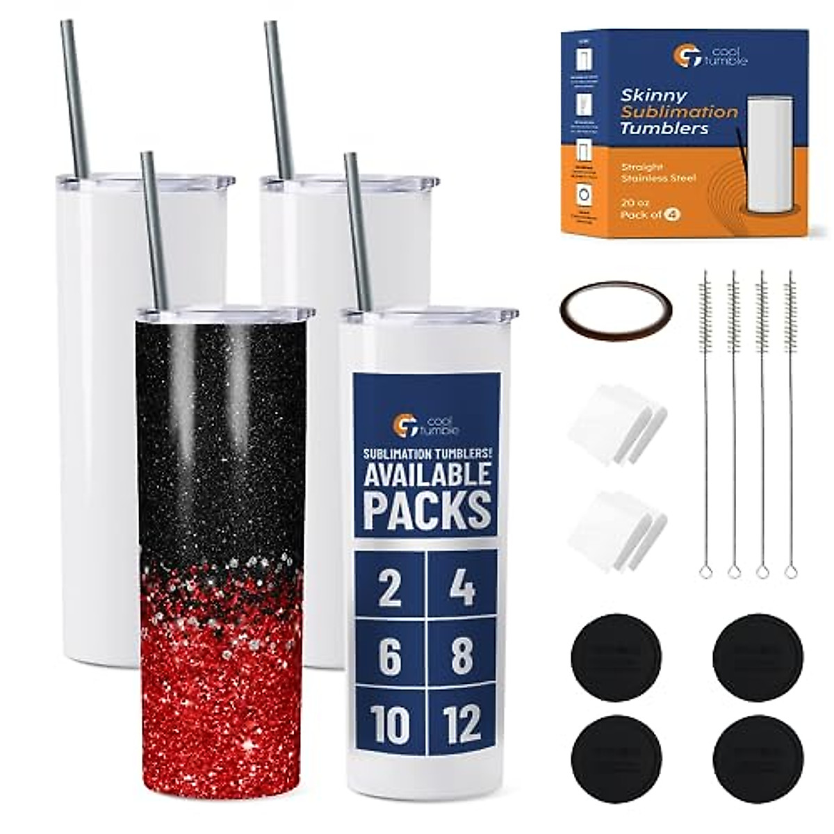 Cool Tumble Sublimation Tumblers 20 Oz Skinny Bulk 4 Pack - Stainless Steel Double Wall Insulated Straight Sublimation Tumbler White Blank Tumblers with Lids, Straws and Shrink Wraps