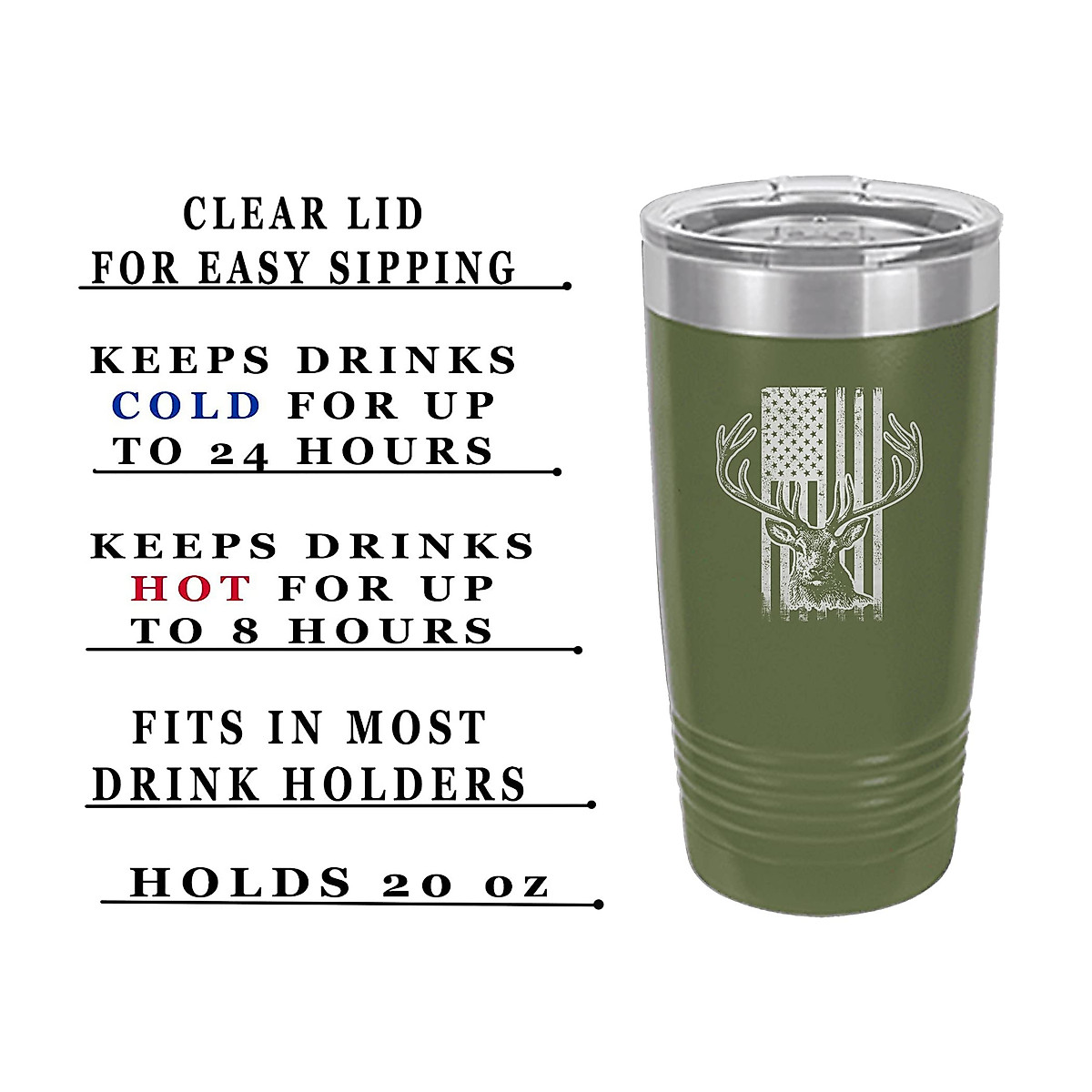 Rogue River Tactical USA Flag Buck Hunting 20 Oz. Travel Tumbler Mug Cup w/Lid Vacuum Insulated Hot or Cold United States Deer (Green)